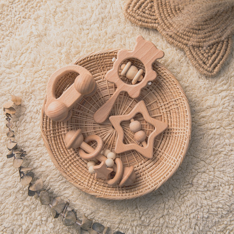 Baby Toys Wooden Rattles Sets Beech Hand Teething Cartoon Animal Bear ...