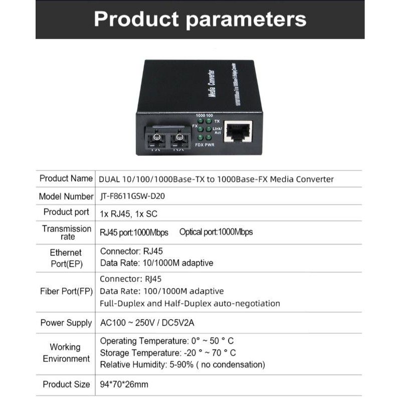 Gigabit Ethernet (สองหัว SC) Dual Fiber Media Converter 20 Km with a ...