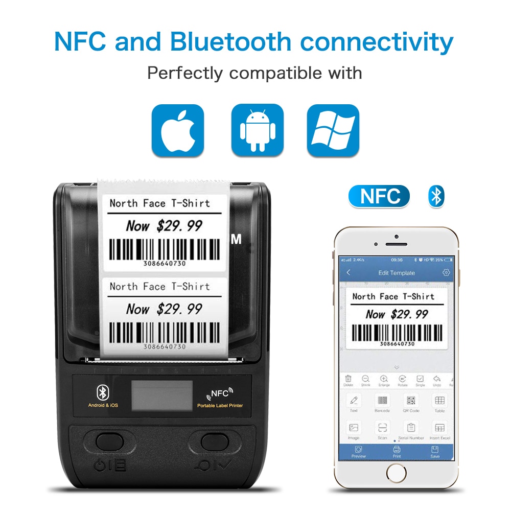 NETUM Bluetooth Thermal Label Printer Mini Portable 58mm Receipt Printer Small for Mobile Phone ...
