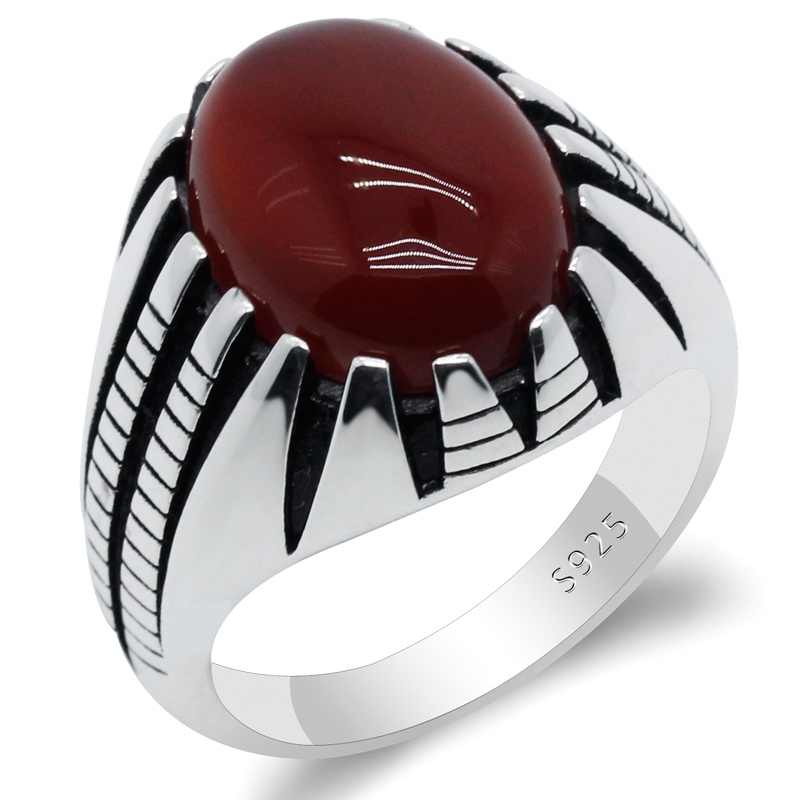 925 Sterling Silver Men Ring Prong Setting Natural Red Agate Stone ...