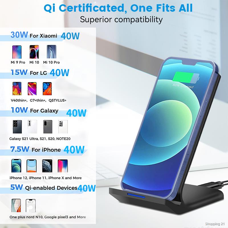 ที่ชาร์จไร้สาย 40W Qi Wireless Charger Stand Fast Charging Dock Station For iPhone 13 12 11 Pro ...