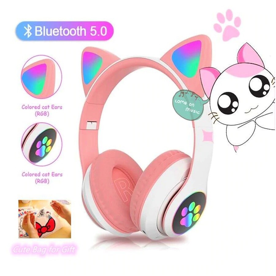 หูฟังบูลทูธ Flash Light Cute Cat Wireless Bluetooth Headphone Headsets ...