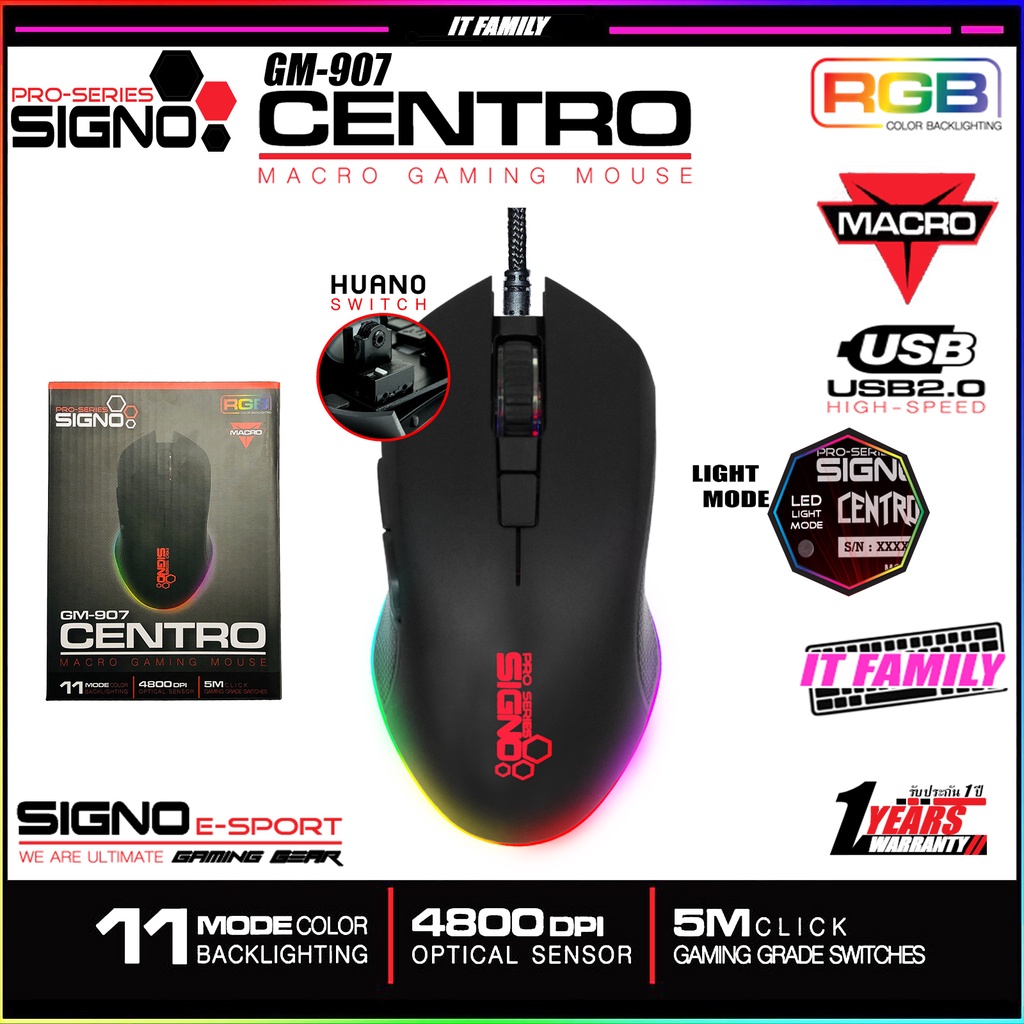 เมาส์เกมมิ่ง SIGNO Pro-Series GM-907 CENTRO Mouse Gaming Macro LED ...