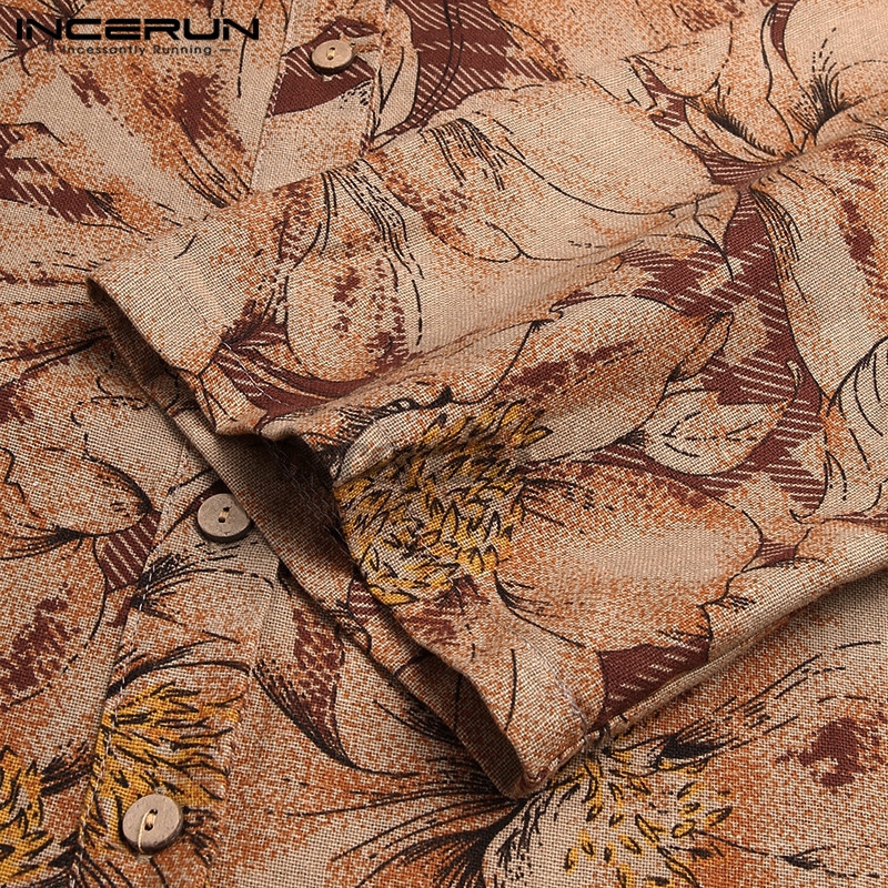 INCERUN Men Linen Ethnic Floral Long Sleeve V Neck Baggy Long Top ...