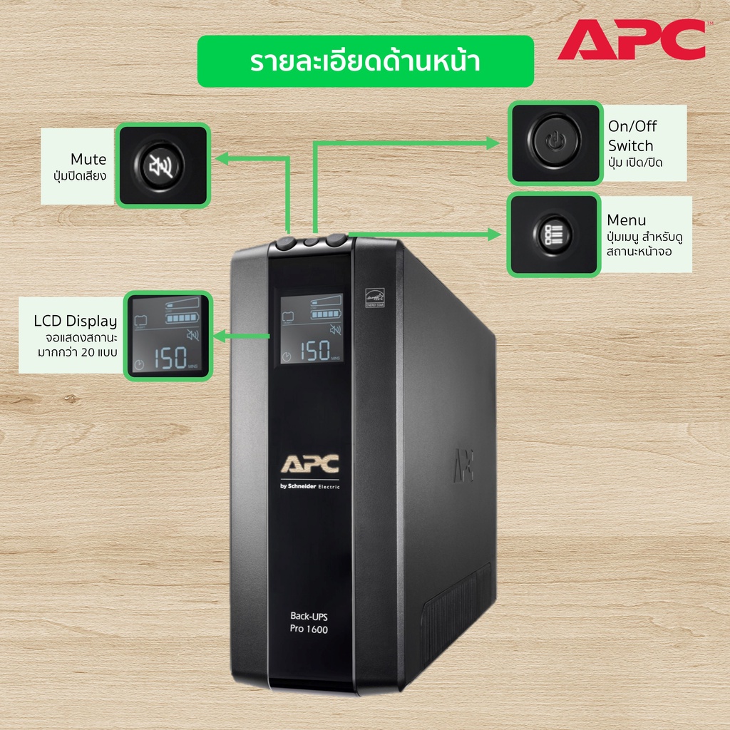 APC Back UPS Pro BR1600MI (1600VA960WATT) UPS for Gaming จอ LCD มีพอร์ต ...