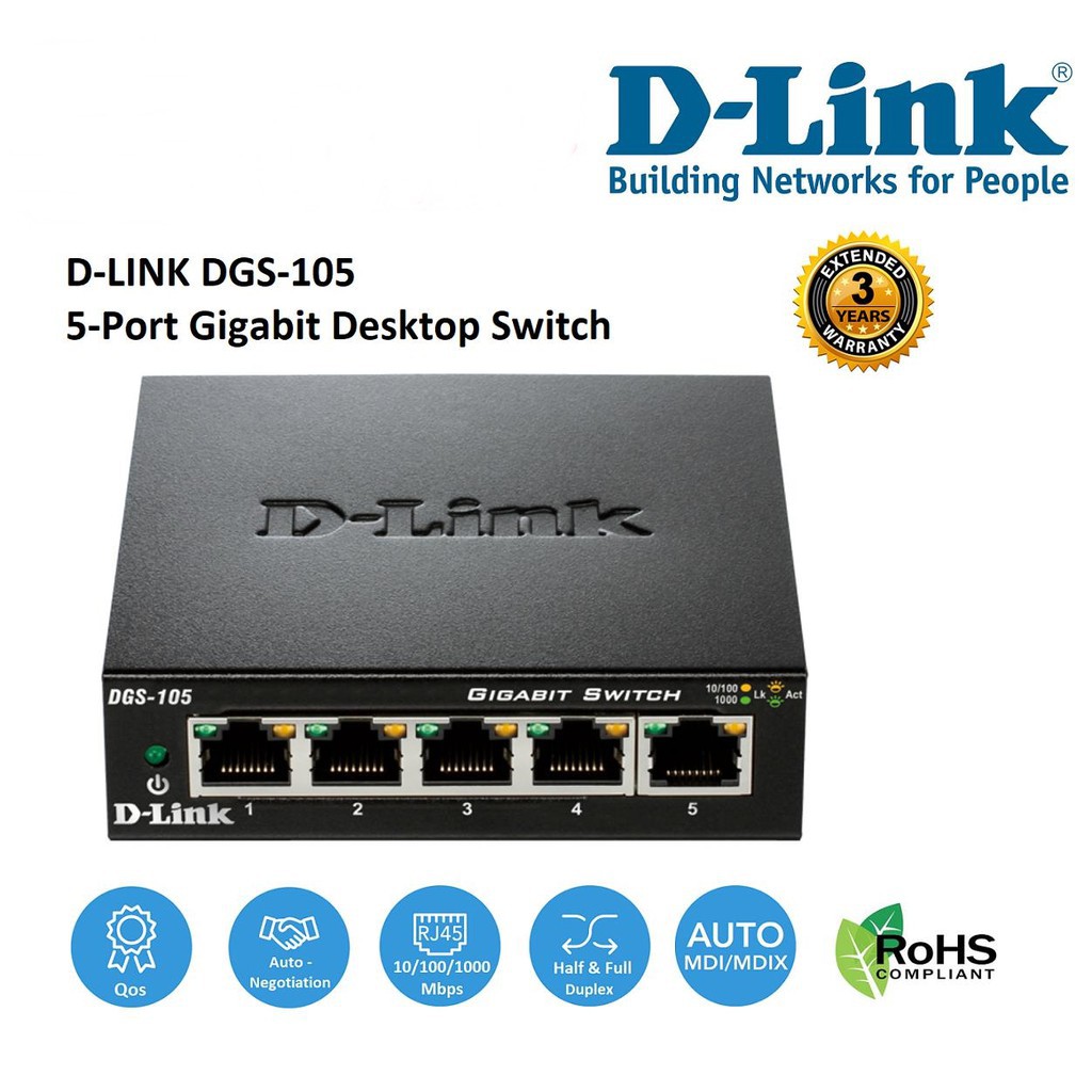D-LINK (DGS-105) 5 Port Gigabit Switching Hub 10/100/1000 Mbps LT - 94h ...