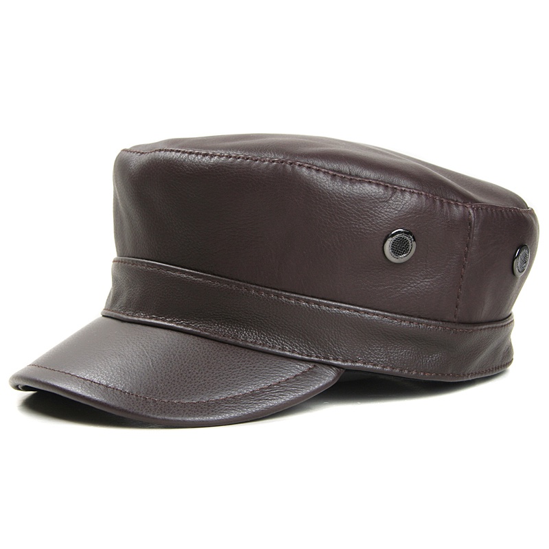 Leather Men39s Flat Top Military Hat Cowhide New Warm Leather Caps For ...