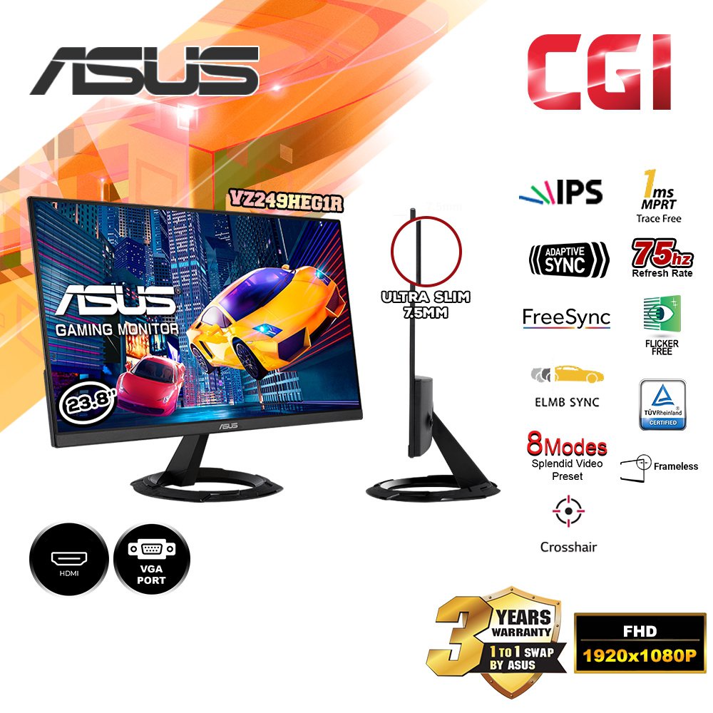 Asus 23.8" VZ249HEG1R FHD IPS 75Hz 1ms FreeSync Adaptive Sync UltraSlim ...
