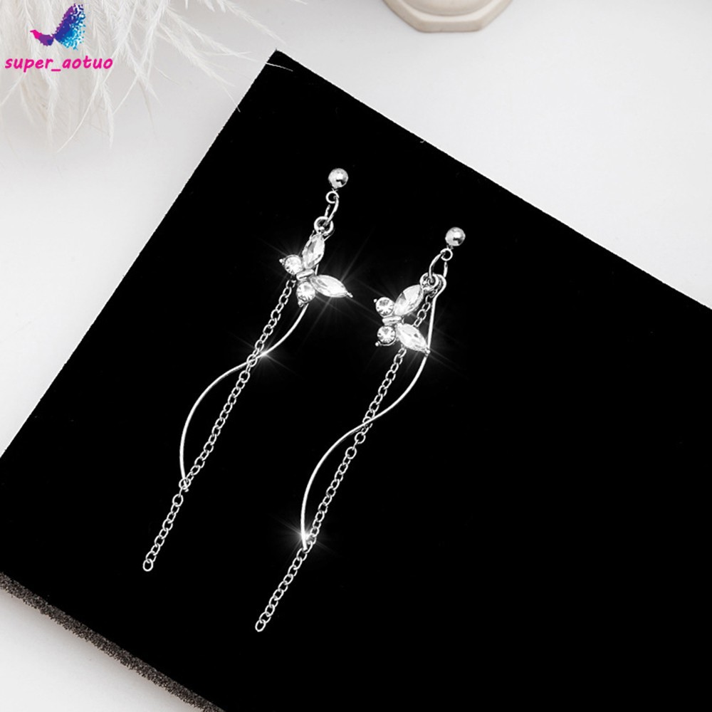 Super Flash Diamond Silver Crystal Butterfly Earrings Long S-shaped ...