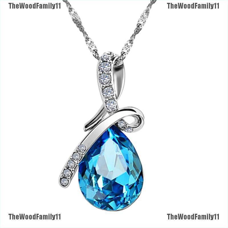 TWF Blue Crystal Water Drop Pendant Necklace Rhodium Plated Zircon ...