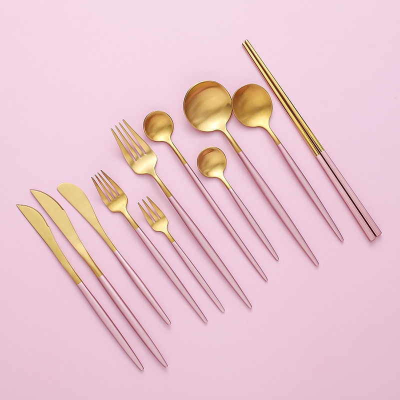 304 Stainless Steel Pink Gold Cutlery Set Dinnerware Dinner Knife Spoon ...
