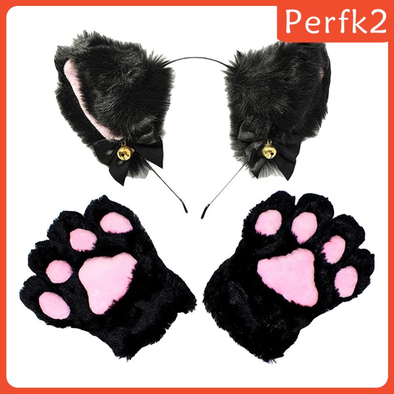 Faux Fur Cat Ears Headband and Claw Mittens for Halloween Fancy Dress ...