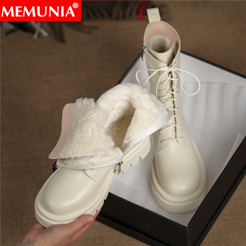 Memunia New Genuine Leather Nature Wool Ankel Boots Lace Up Platform