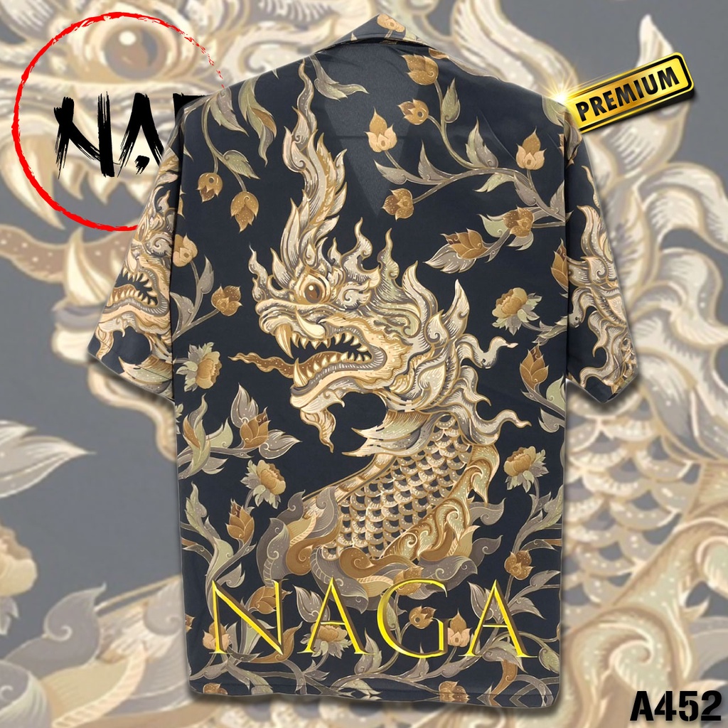เสื้อฮาวายลายพญานาคดำทอง A452 ผ้าไหมอิตาลี - siamsatan - ThaiPick