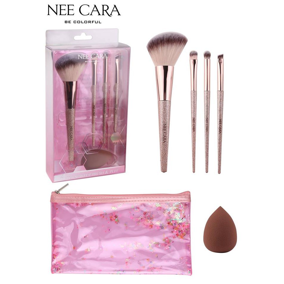 NEE CARA เซ็ทแปรงชุด 4ชิ้น Rose Gold แถมฟรี กระเป๋ากับพัฟฟองน้ำ ขนแปรง ...
