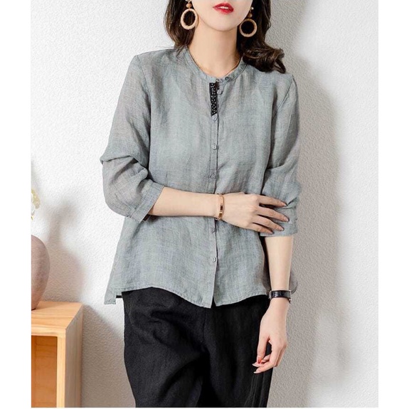 JS women blouse Retro imitation cotton linen 2021 summer new round ...