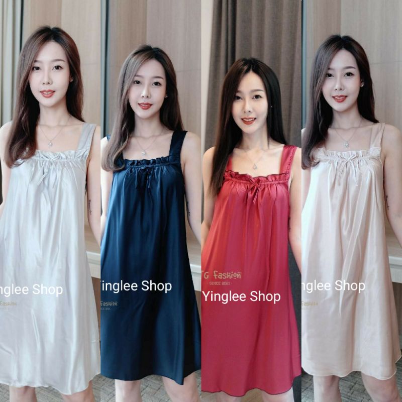 ชุดนอนบ่าใหญ่กระโปรง ผ้าซานติน นิ่มลื่นใส่สบาย - yingleestore88 - ThaiPick