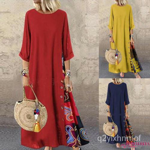 DEM☞Women´s Boho Floral Long Sleeve Retro Baggy Casual Cotton Linen ...