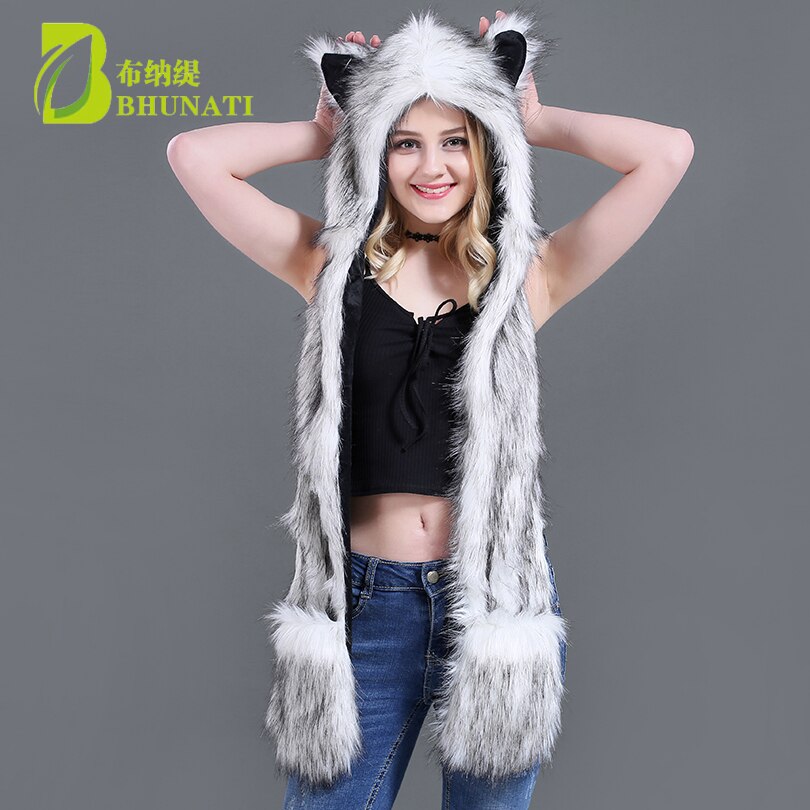 Faux Fur Hood Animal Hat Ear Flaps Hand Pockets 3 in1 Animal Hood Hat ...