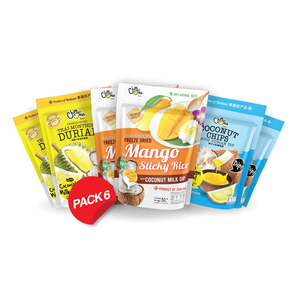 รวมผลไม้อบกรอบ อบแห้ง พร้อมดิปกะทิ ดิปทุเรียน (6 ซองแพ็ค) Freeze Dried ...