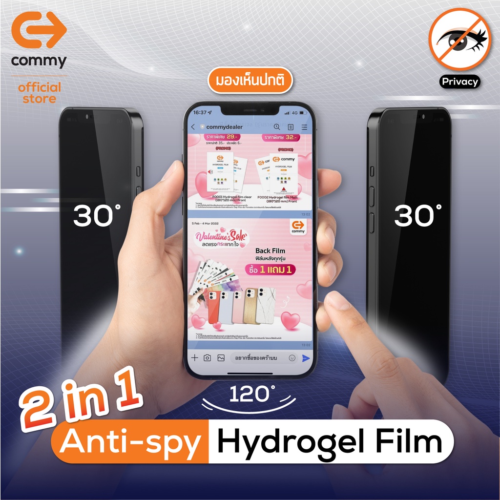 COMMY ฟิล์มไฮโดรเจล Anti Spy สำหรับiPhone 11-14 ProPro Max ป้องกันการมองเห็น - commy4u - ThaiPick