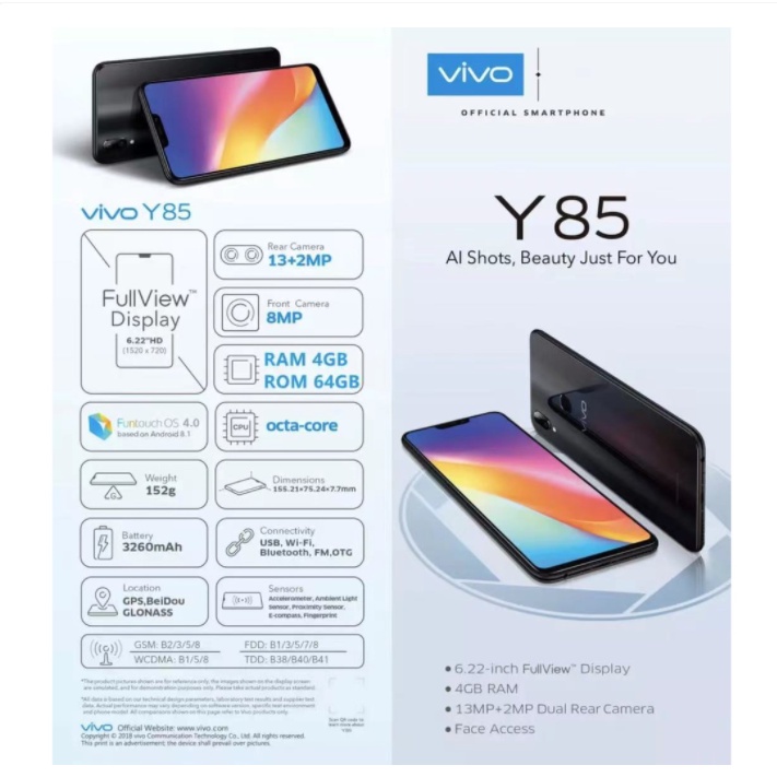 พร้อมส่ง โทรศัพท์มือถือ ViVO Y85 ของเเท้100 RAM 4GB ROM 64GB หน้าจอ 6.22 นิ้ว ประกันร้าน เเถมฟรี ...
