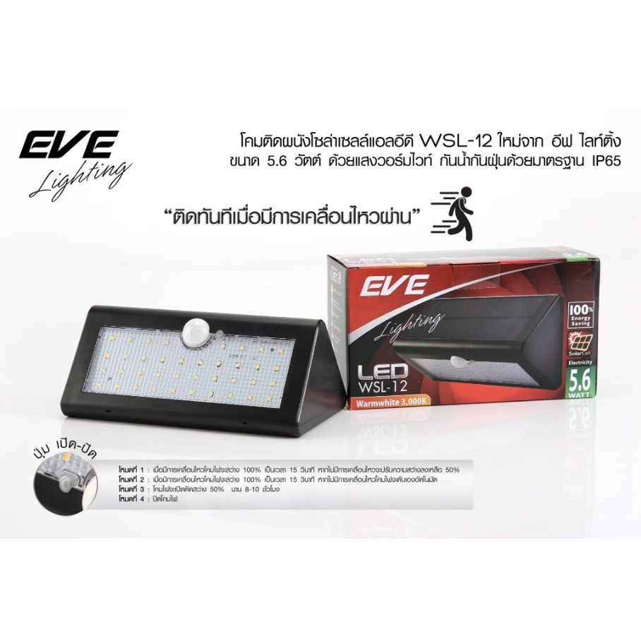 LED Solar Cell EVE Warmwhite โคมโซล่าเซลล์ ประหยัดค่าไฟ ติดผนัง กำแพง ...