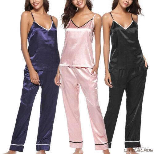 Womens Silk Satin Pajamas Set Pyjama Sleeveless TopsPants Sleepwear ...