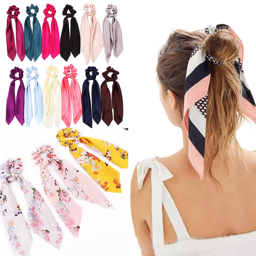 DIY Bow Satin Long Ribbon Ponytail Scarf Hair Tie Scrunchies Elastic ...