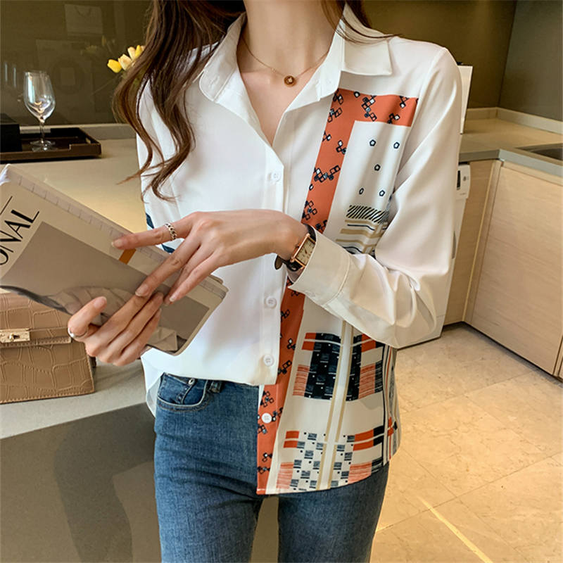 เสื้อเชิ้ตแขนยาวผ้าชีฟองพิมพ์ลายแฟชั่นสไตล์เกาหลีสําหรับผู้หญิง ...