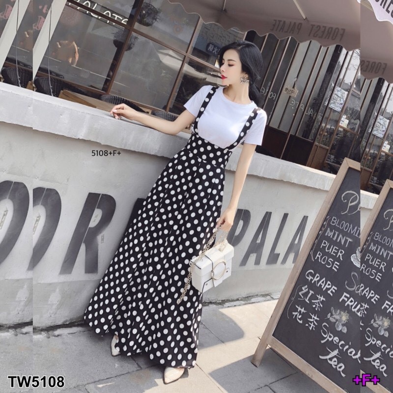 AK 5108 Set เสื้อยืดสีขาว + เอี๊ยมกางเกงลายจุด Polka Dot ...
