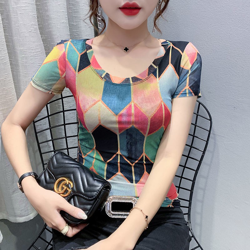 European Station2021Summer New Fashion Color Mesh Slim Fit Top Short ...