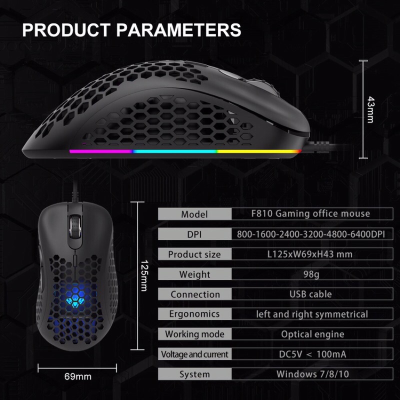Mouse RGB 800-6400 Dpi Aula F810 เมาส์เล่นเกม Marco Programmable Hollow ...