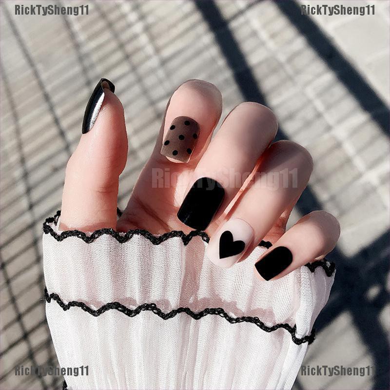 [COD]RTS 24pcs French Dark System False Nails Art Acrylic Full Cover ...