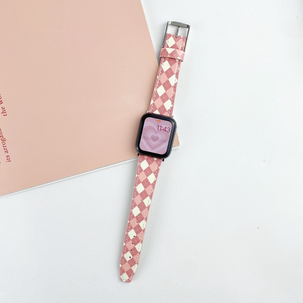 ที่กำหนดเองส่วนบุคคล Checkerboard PU หนังสายนาฬิกาโลหะหัวเข็มขัด Iwatch ...