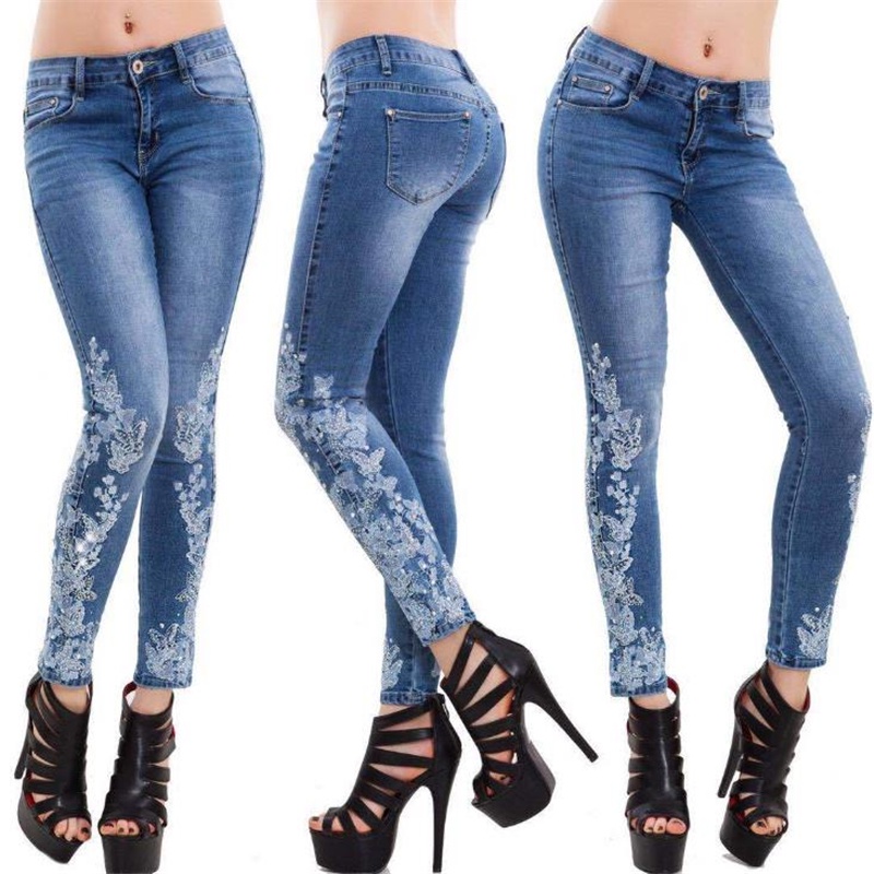 Stretch Embroidered Jeans For Women Elastic Flower Jeans Female Slim ...