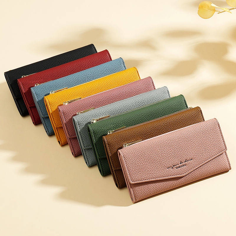 SENSES Long Zipper Three-Fold Wallet Soft Leather Solid Color Card ...