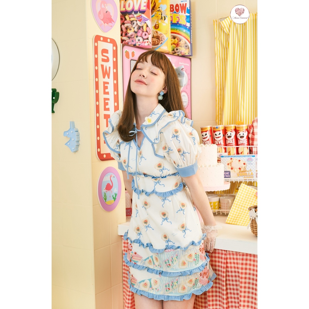 Maria Diamond Brand การันตีเสื้อผ้าแบรนด์แท้ เดรสสั้นสีขาวฟ้าเเขนตุ๊กตา ...