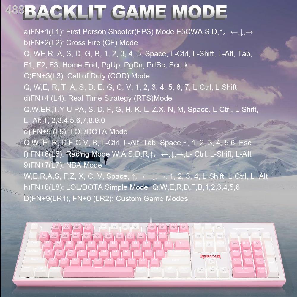 Redragon HADES K623 USB คีย์บอร์ดเล่นเกมสีชมพูสีขาวมีไฟ Led Backlit 104 คีย์สําหรับคอมพิวเตอร์ ...