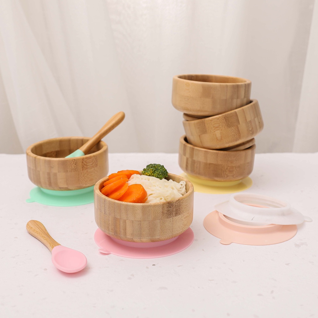 2 PcSet Baby Learning Tableware Baby Feeding Bowl Bamboo Spoon Set Toddler Training Suction Bowl ...