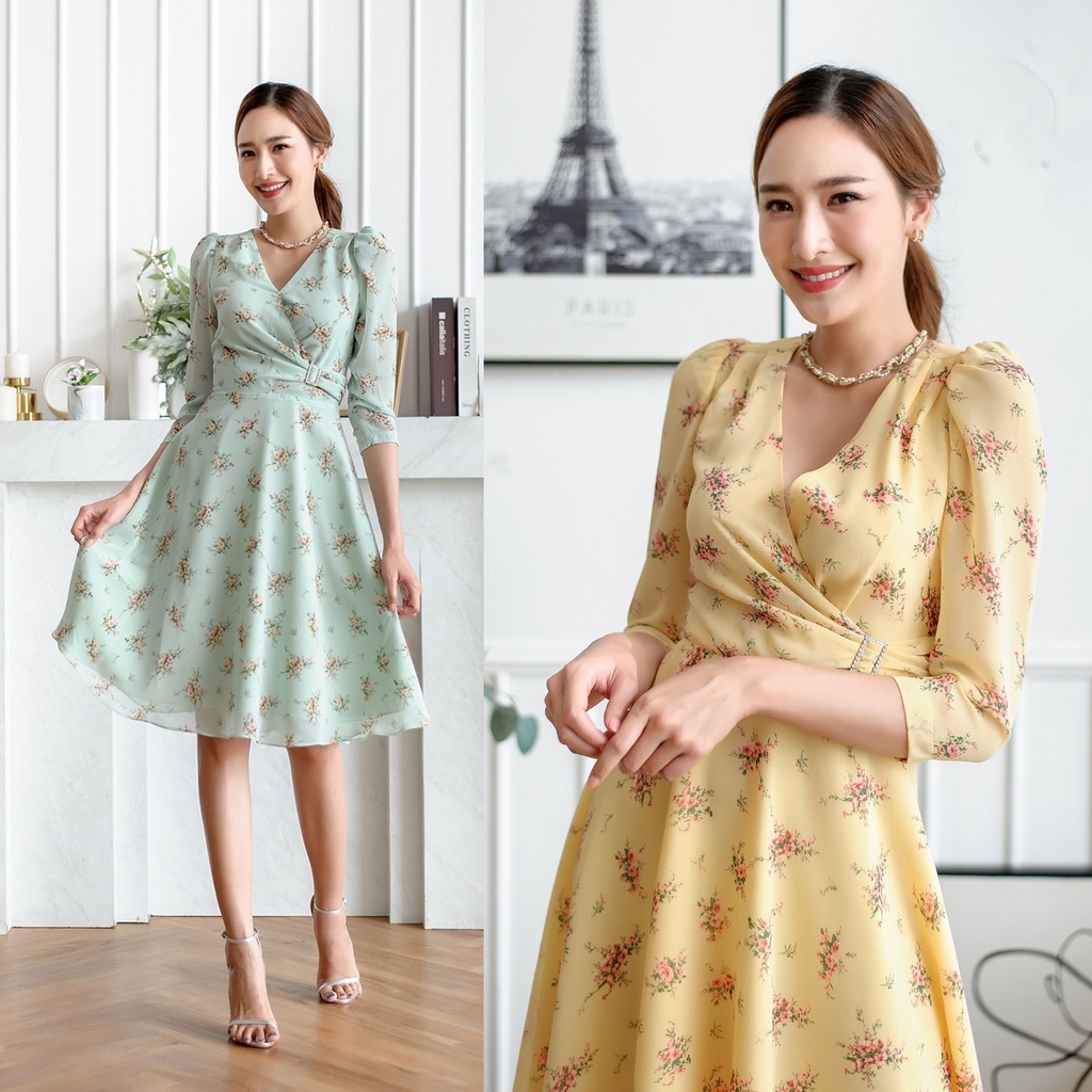 PD106 Sunshine Dress เดรสผ้าชีฟอง คอวี แขนห้าส่วน แต่งเพชรช่วงเสื้อ ...