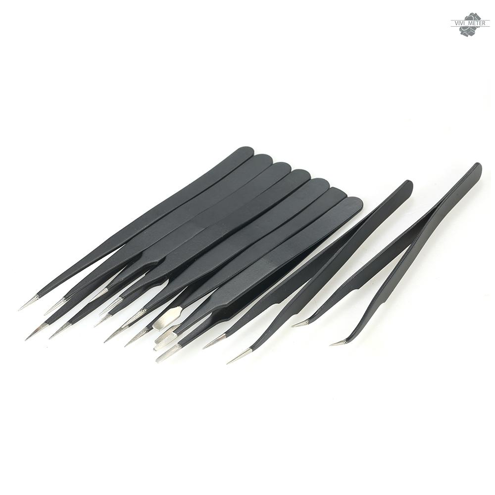 9PCS ESD Tweezers Tools Kit Precision Anti-static Black Fine Tip Curved ...