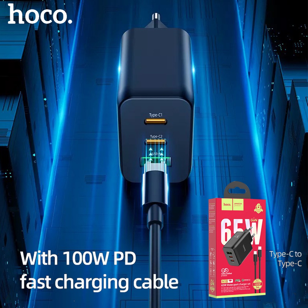 Hoco N18 65W GaN wall charger 3ช่อง ชุดชาร์จเร็ว GaN (Type-C ถึง Type-C ...
