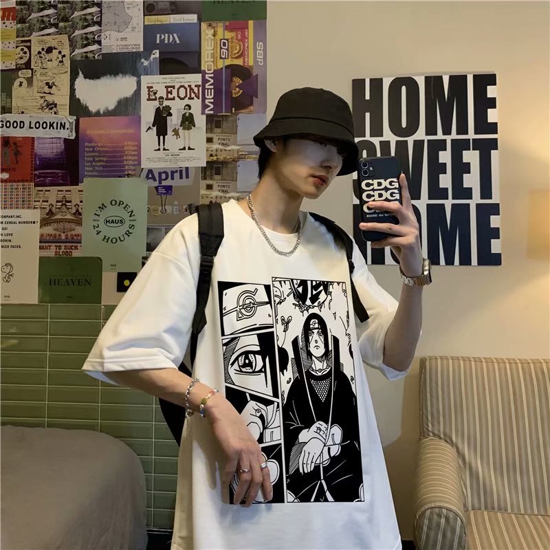 S-8XLเกาหลีใต้ ins ฮาราจูกุ bf ย้อนยุคสตรีทคู่มืดนารูโตะอะนิเมะพิมพ์หลวมแขนสั้นเสื้อยืดสำหรับ ...