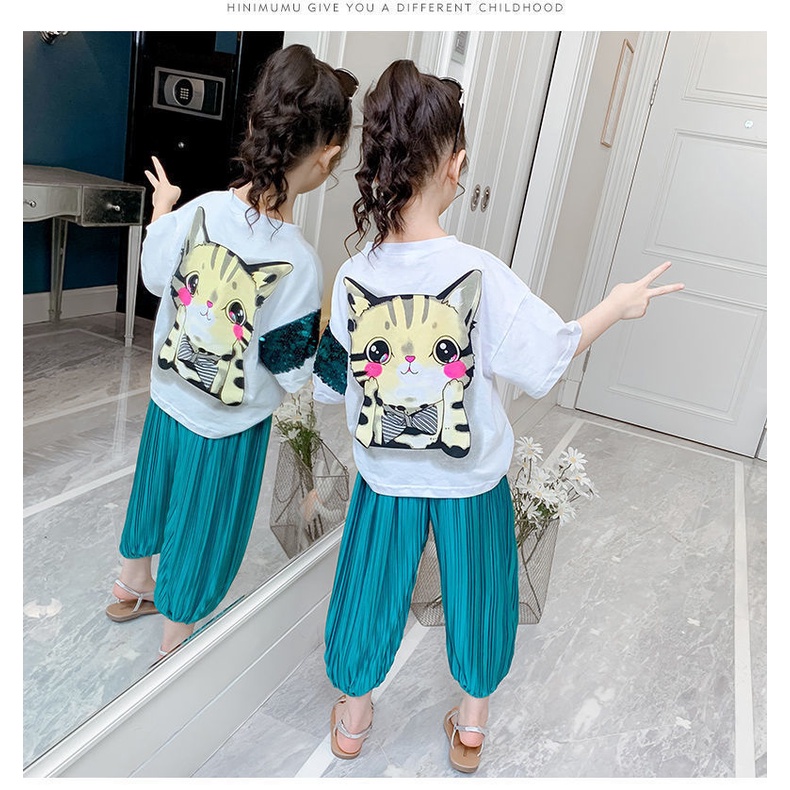 baby ชุดเชตเด็กผู้หญิง เสื้อยืดกางเกงขายาว ลายแมวด้านหลัง รุ่น LL008 - migebaby - ThaiPick