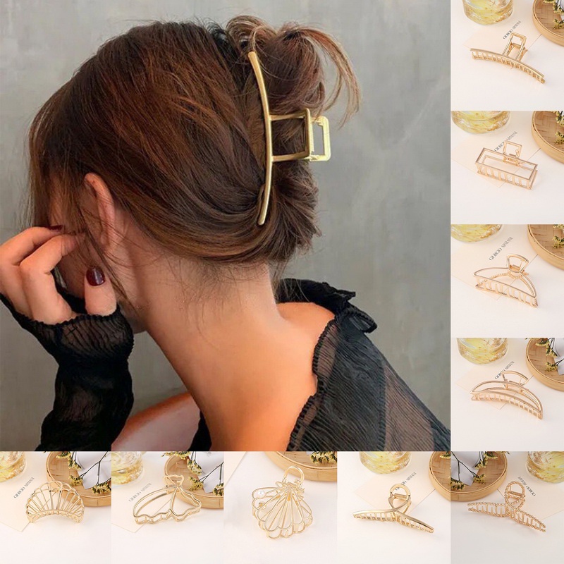 กิ๊บติดผมGold Color Women Hair Claw Elegant Geometric Metal Hollow Hair ...