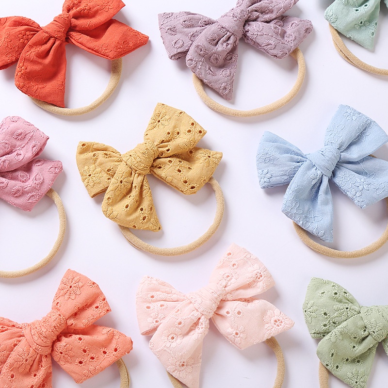 20 PCS 3.7quot Eyelet Cotton Linen Bow Headband Schoolgirl Bow Hair ...