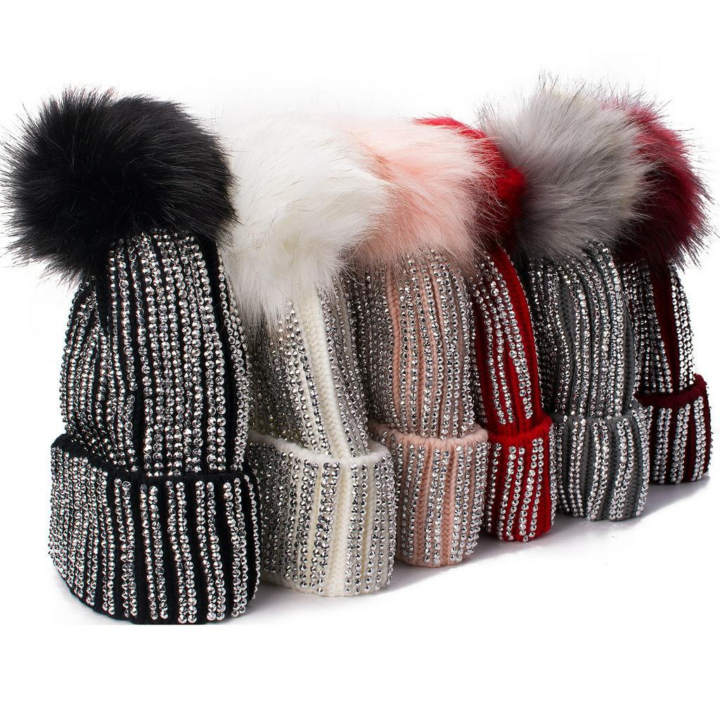 Lawliet Winter Hats Faux Fur Pom Pom Rhinestone Bling Style Women ...