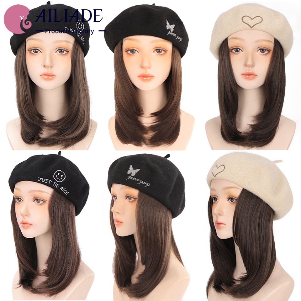 AILIADE Short Straight Synthetic Wig With Hat Autumn Winter Berets Hat ...