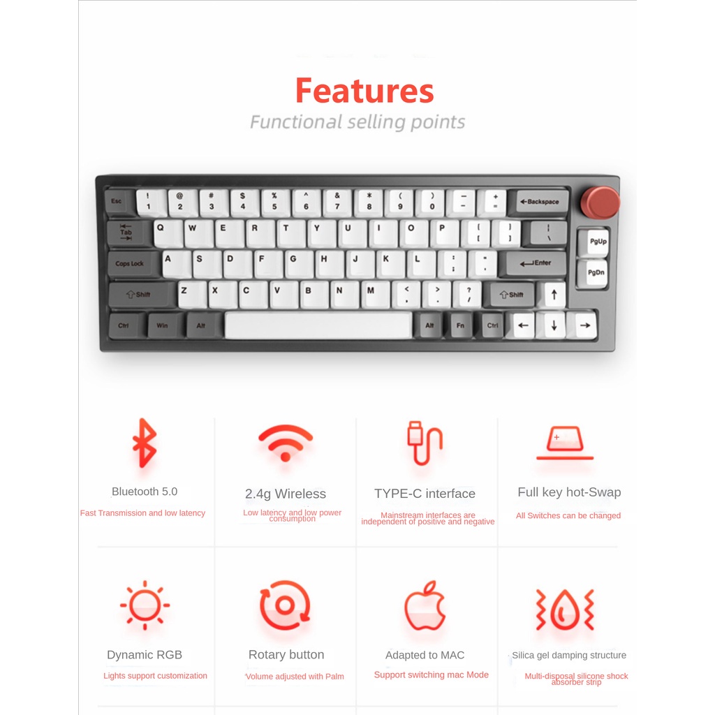 Lychee G66/G66 Pro G66pro RGB แป้นพิมพ์แบบกลไก สามโหมด ไร้สายบลูทูธ 2 ...